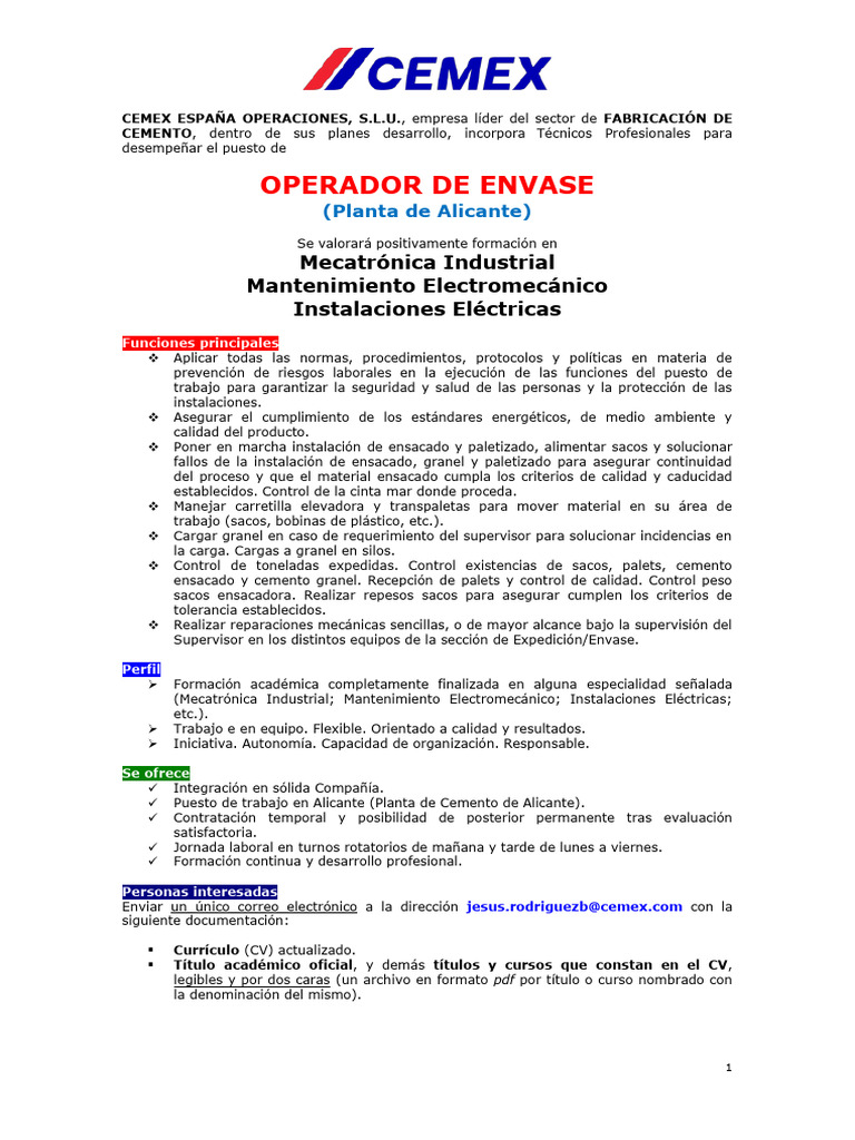 CEMEX - Oferta Trabajo - Operadores Envase - Técnicos Superiores ...