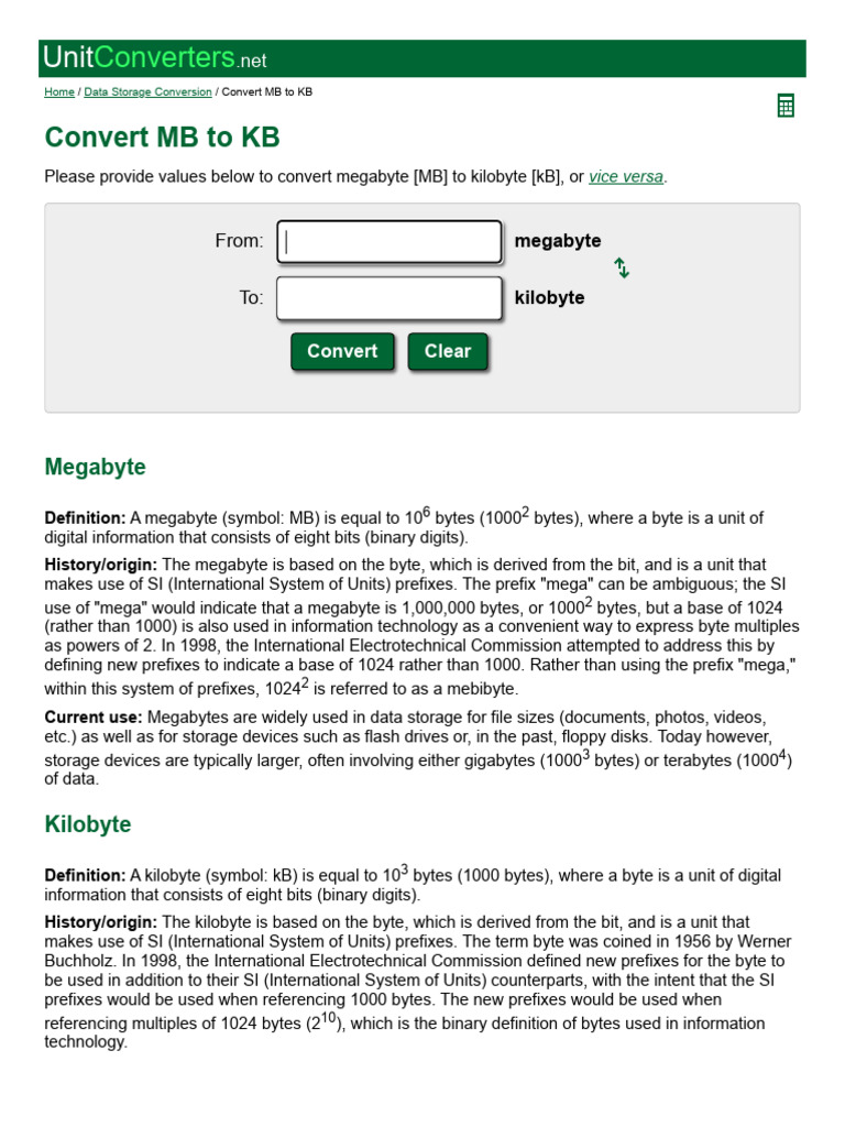 Convert MB to KB Easily Online | PDF | Byte | Computer Architecture