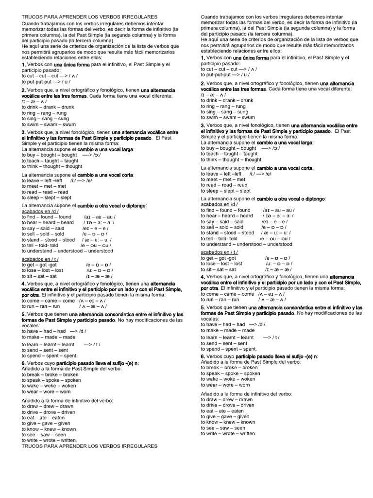 Trucos Para Aprender Los Verbos Irregulares Pdf
