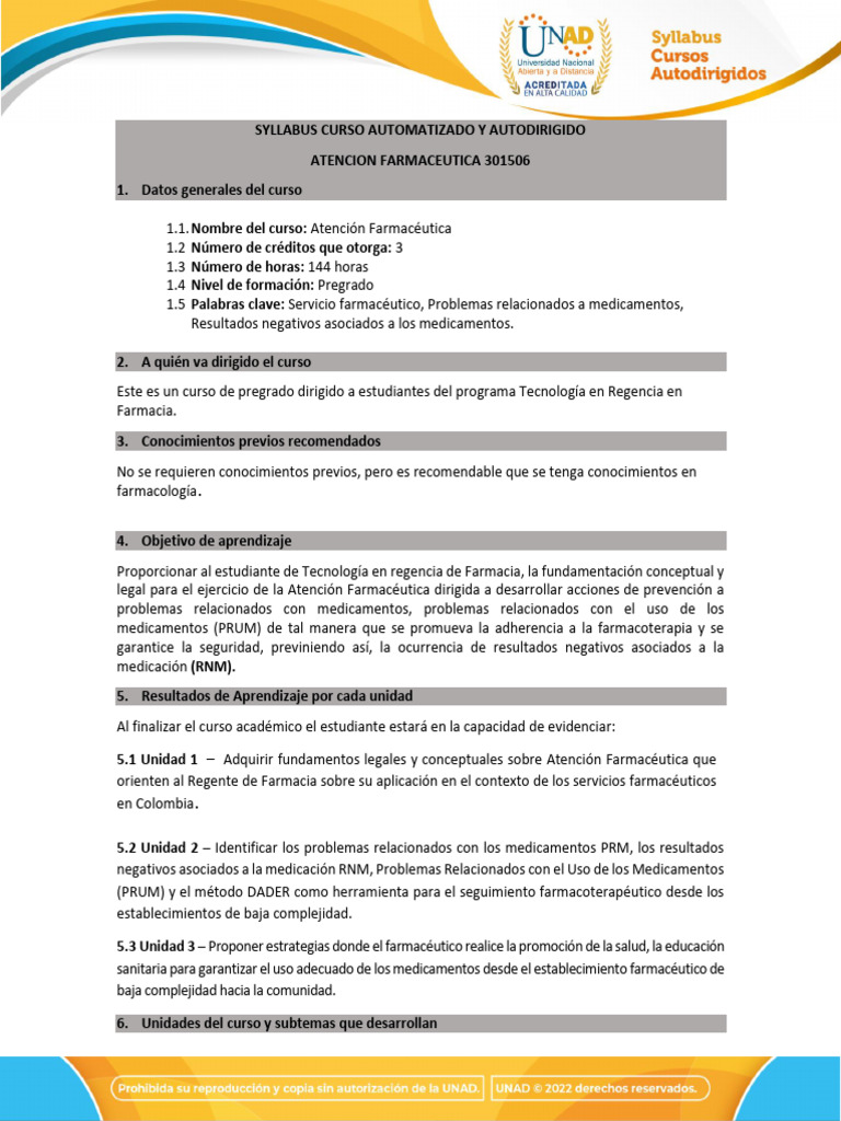 Syllabus Curso Autodirigido 301506 Atención Farmacéutica 1704 | PDF