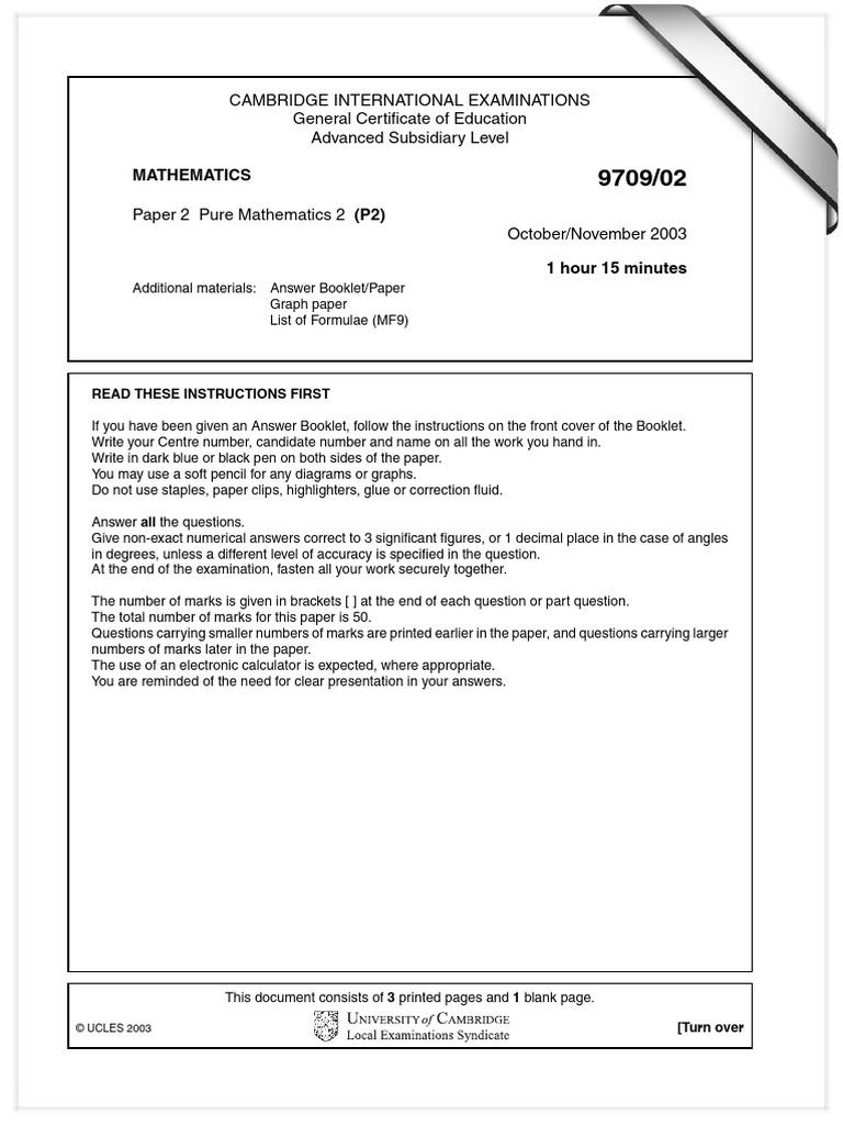 Mathamatics Paper 2 Cambride 2003 | PDF