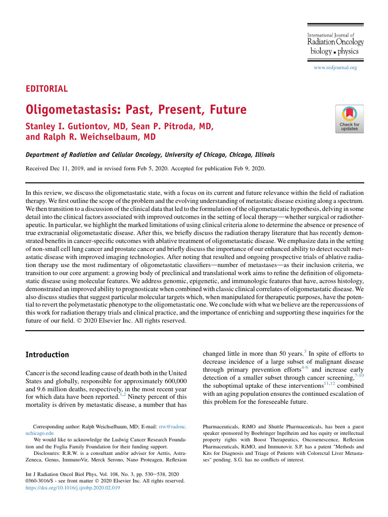 Oligometastasis: Past, Present, Future | PDF | Metastasis | Self-Improvement