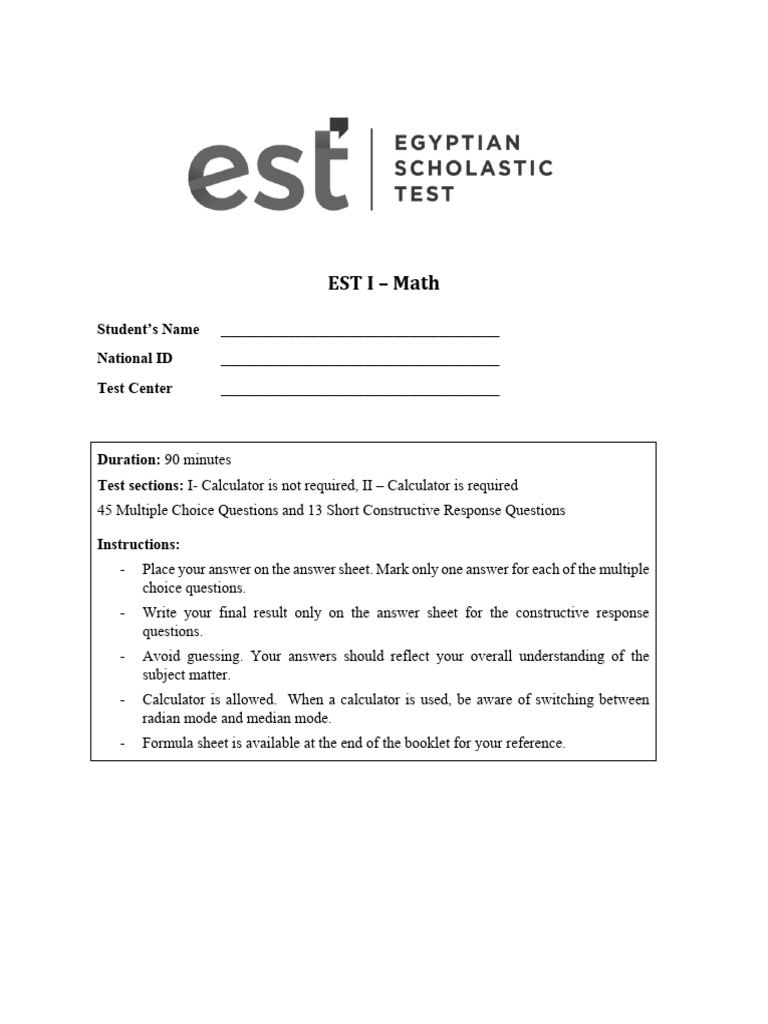 EST I Mathematics Test Instructions | PDF | Multiple Choice | Circle