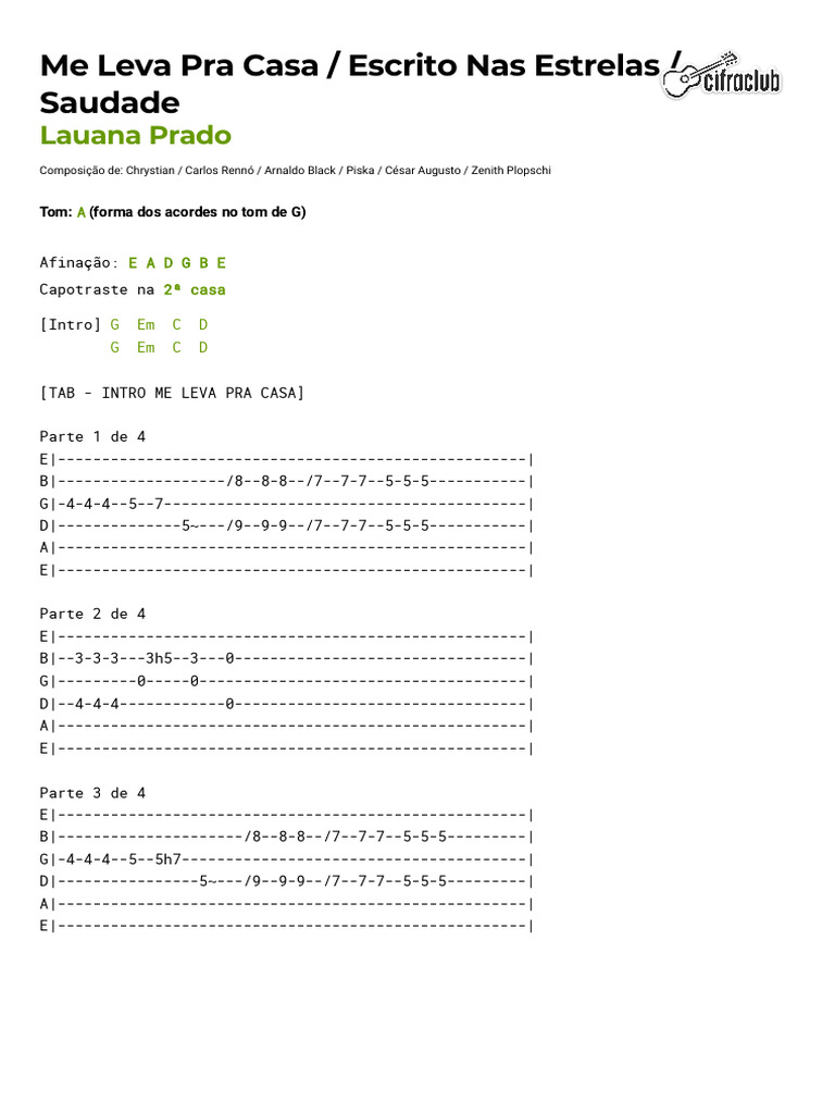 Cifra Club - Lauana Prado - Me Leva Pra Casa - Escrito Nas Estrelas - Saudade | PDF