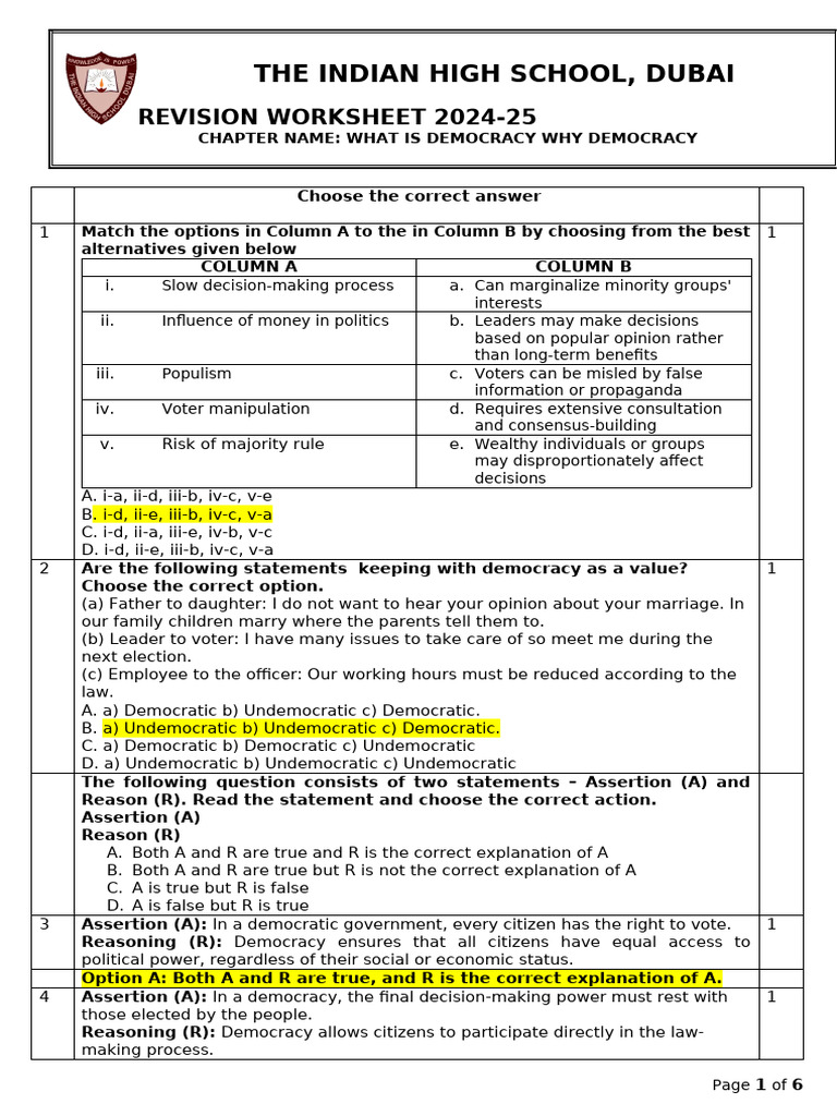Gr9-What Is Democracy Why Democracy - Revision Worksheet MS | PDF