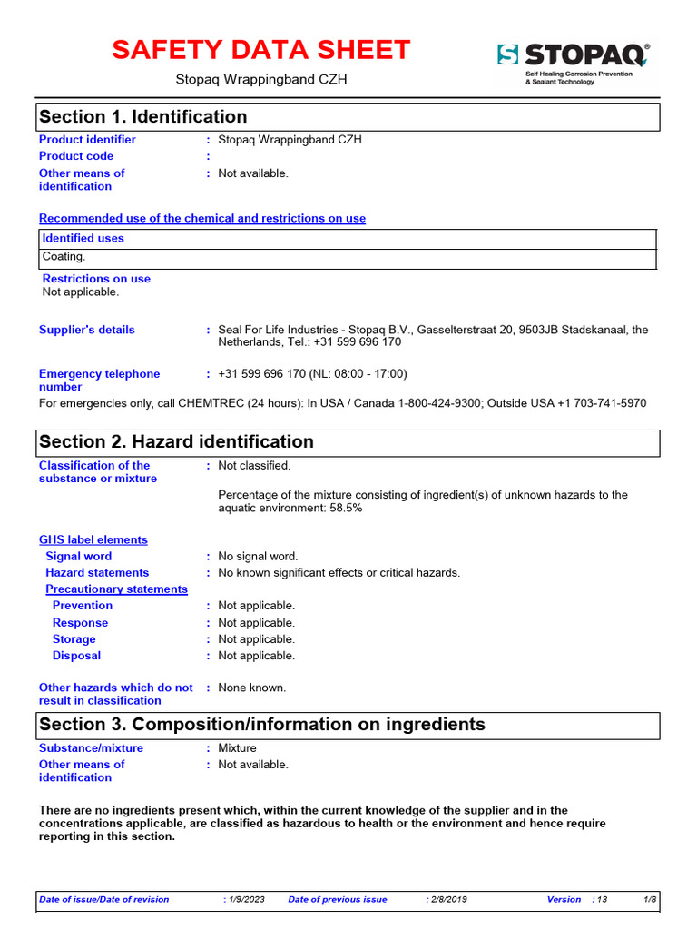 V13-SDS Stopaq Wrappingband CZH UN en V13.00-1 | PDF