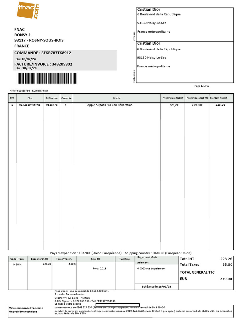 Facture La Fnac 1 PDF | PDF