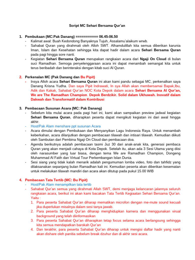 Script MC Sehari Bersama Qur'an | PDF