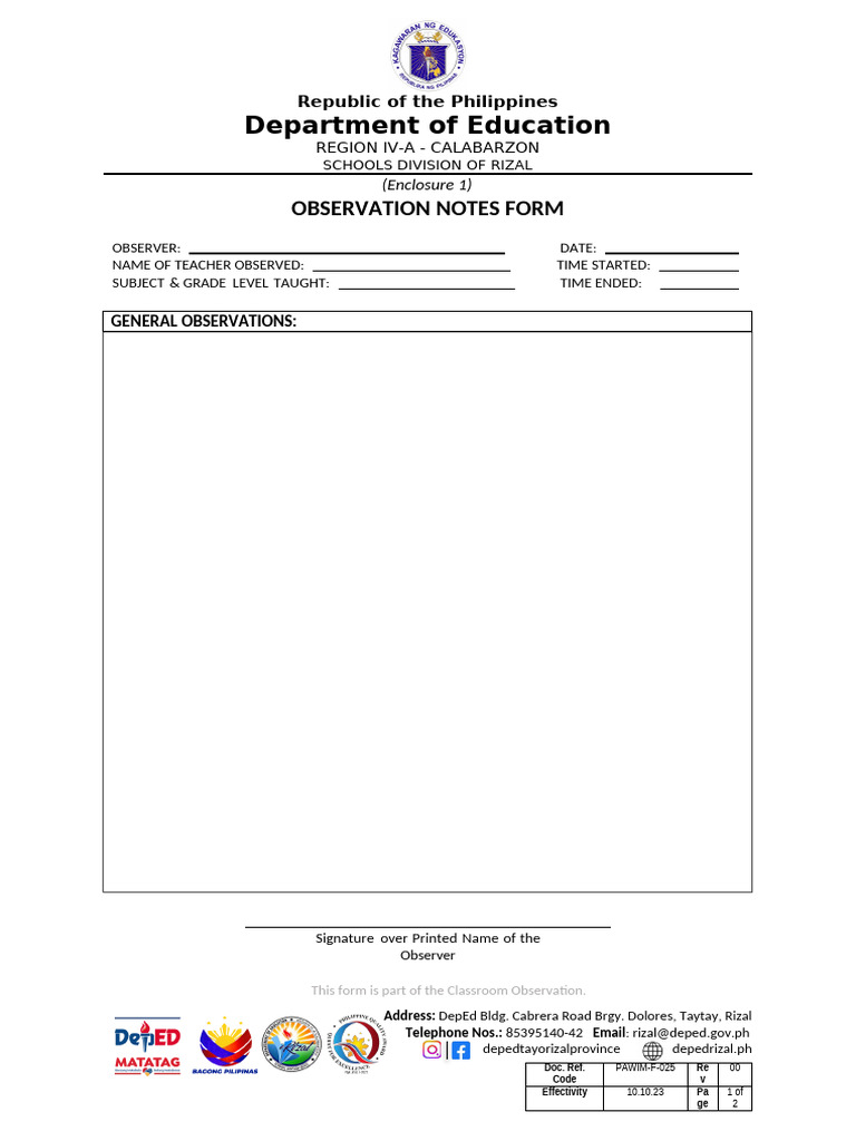 Observation Notes Form | PDF