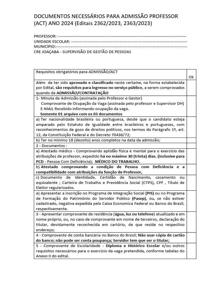 Documentos Admissão | PDF