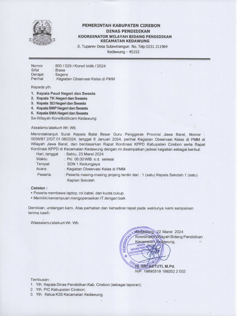 Surat Observasi Kelas PMM | PDF