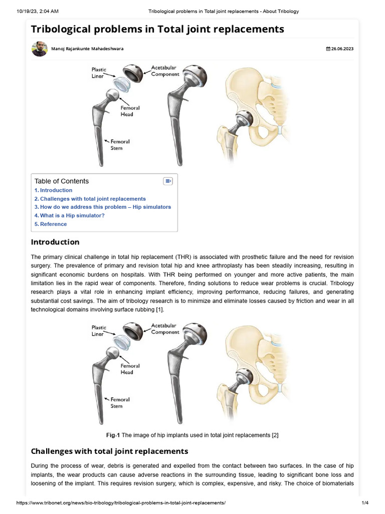 Tribological Problems in Total Joint Replacements - About Tribology | PDF