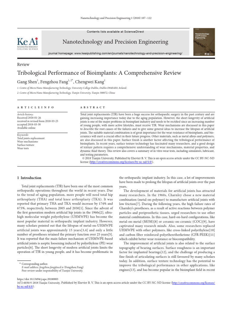 R2 Tribological Performance of Bioimplants A Comprehensive Review | PDF