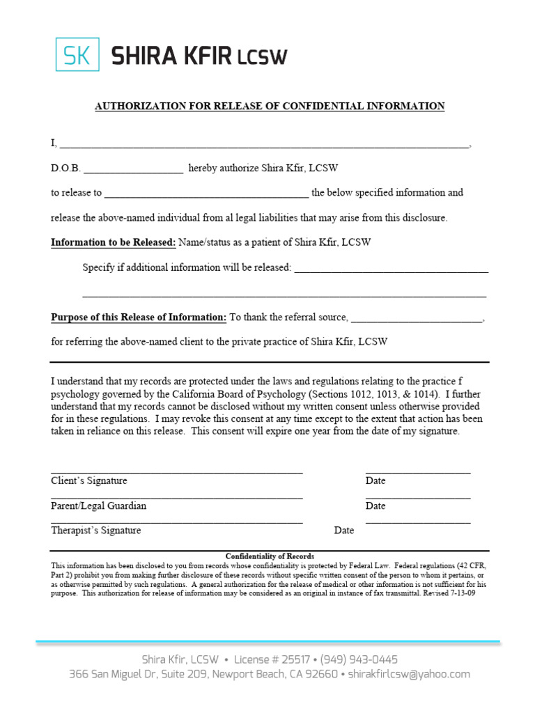 Authorization For Release of Confidential Information | PDF ...