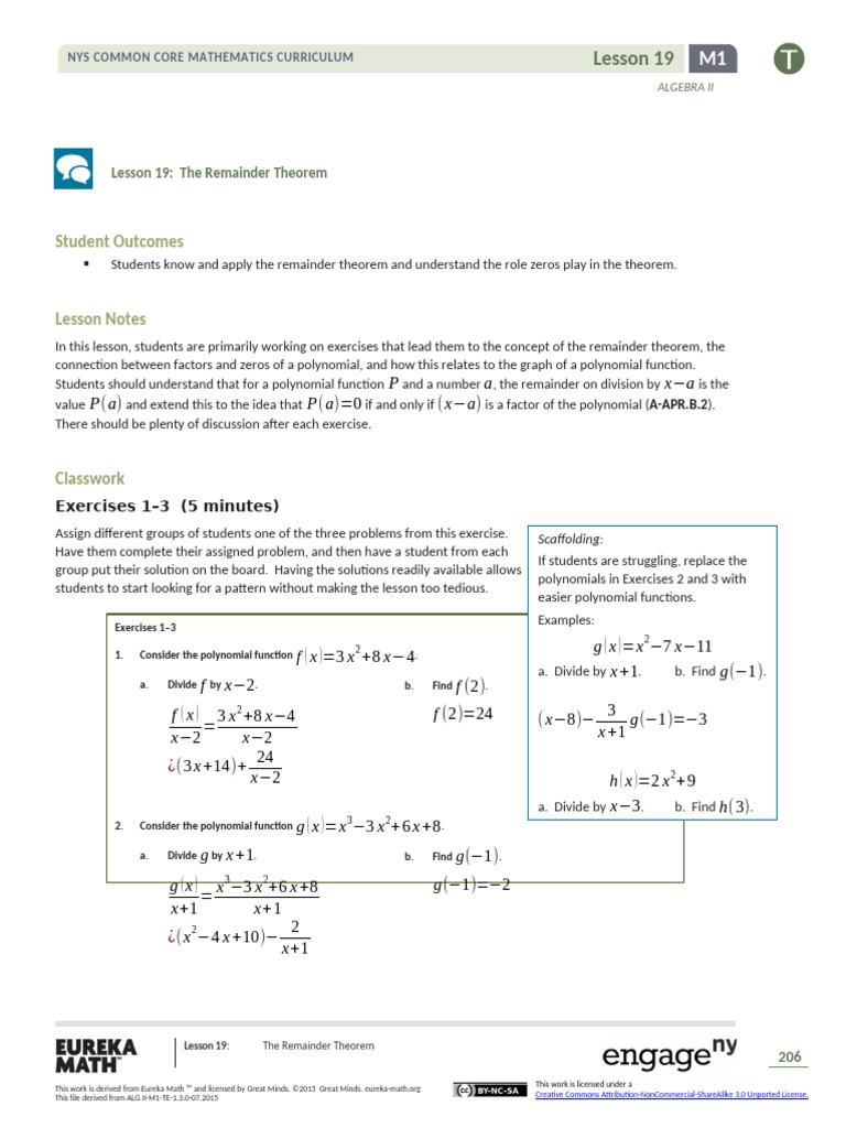 Algebra II m1 Topic B Lesson 19 Teacher | PDF | Polynomial | Factorization