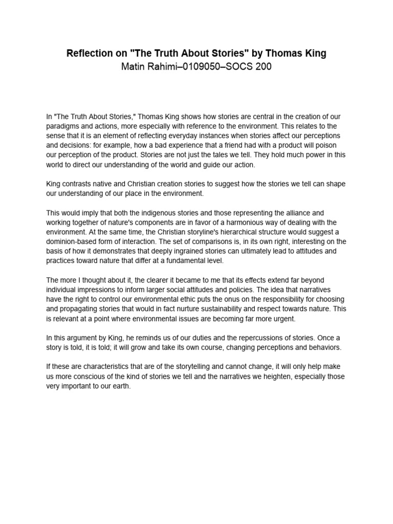 Reflection On - The Truth About Stories - by Thomas King | PDF