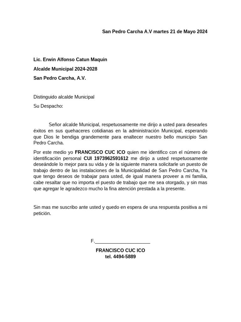 Solicitud de Empleo Muni Carcha | PDF