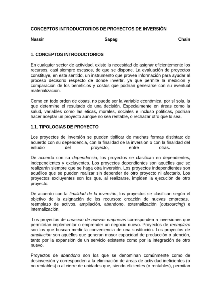CONCEPTOS DE PROYECTOS DE INVERSIÓN Sapag Chain | PDF