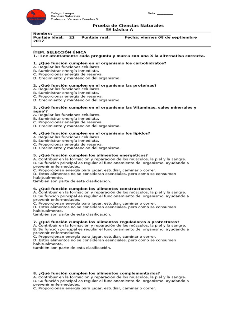 Prueba 5° Nutricion y Salud | PDF