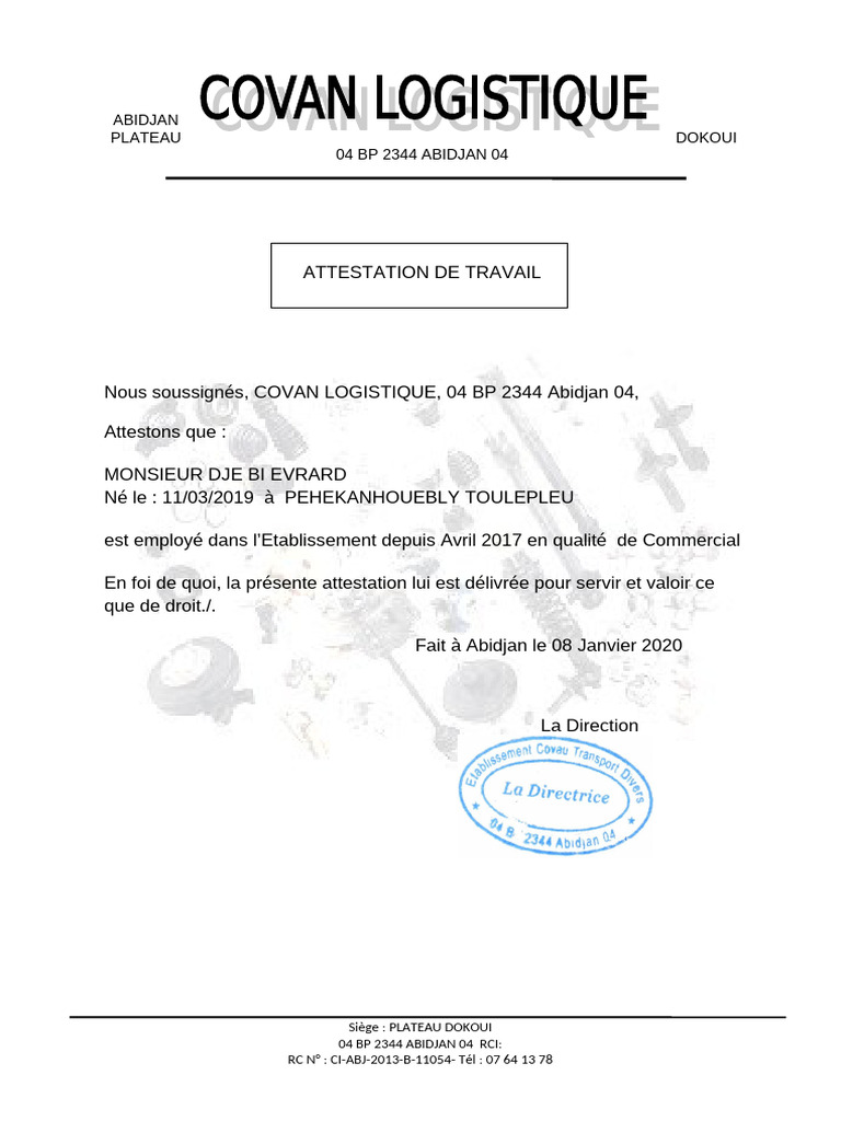 Attestation de Travail Covan Logistique | PDF