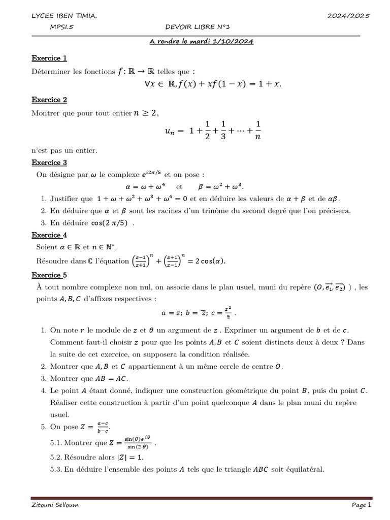 Lycee Iben Timia. 2024/2025 Mpsi.5 Devoir Libre N°1 | PDF