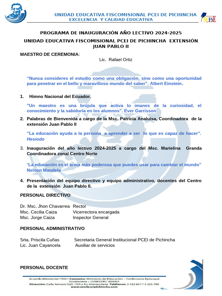 Programa Inauguracion Año Lectivo 2024-2025 Ext Juan Pablo II. Ok - Ok Ok | PDF