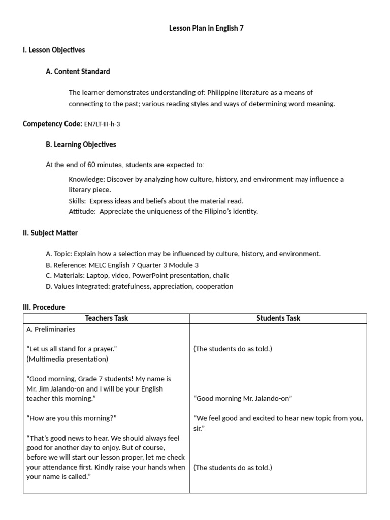 English LP Demo | PDF | Teachers | Philippines