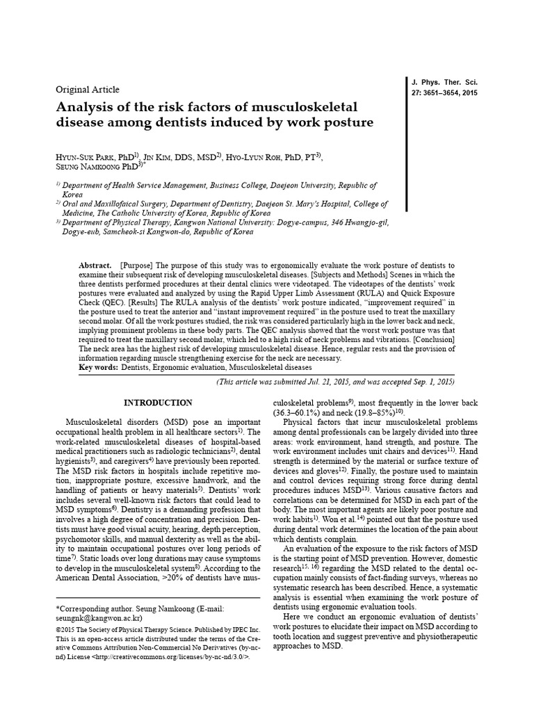 Analysis of The Risk Factors of Musculoskeletal Disease Among Dentists ...