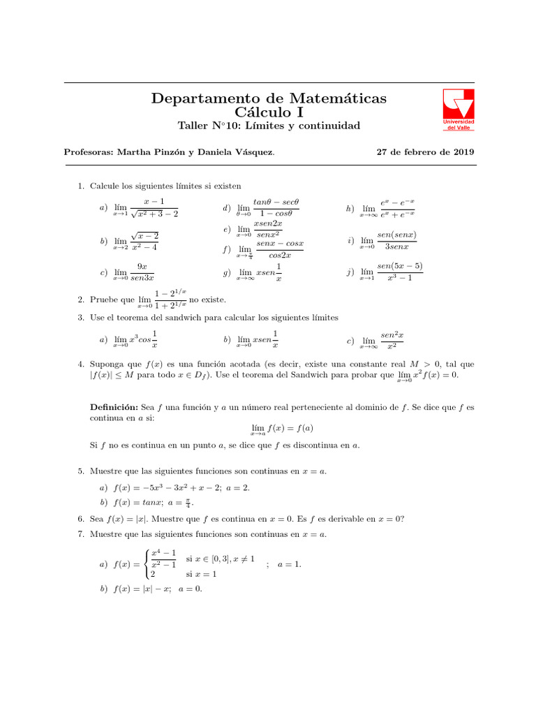 TALLER #10 Calculo Univalle | PDF