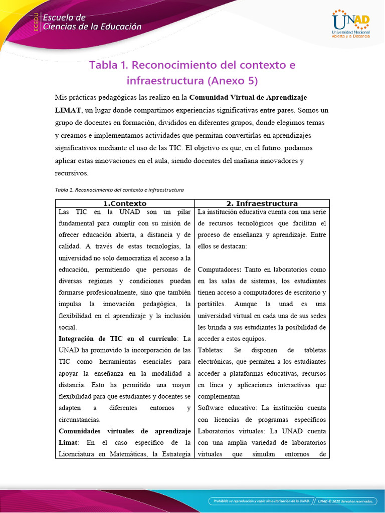 Anexo 5 - Tabla 1. Reconocimiento Del Contexto e Infraestructura. | PDF