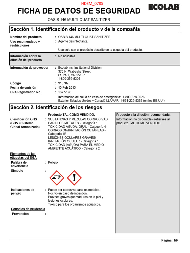 Multi-Quat Sanitizer Hoja de Seguridad | PDF | Agua | Relaciones ...