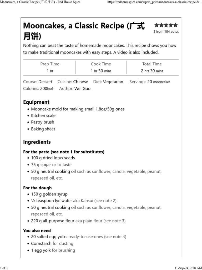 Mooncakes, a Classic Recipe (广式月饼) - Red House Spice | PDF | Fat | Cooking, Food & Wine