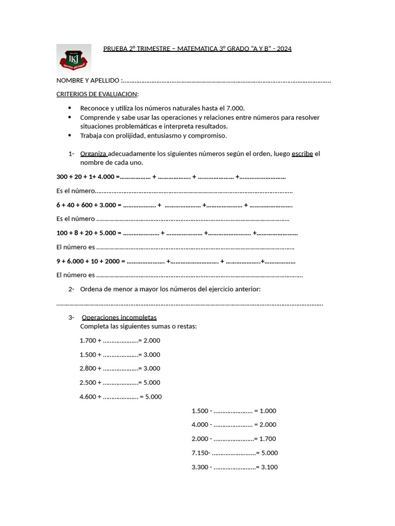 Prueba 2 Trimestre Mat. 3 Grado 2024 | PDF