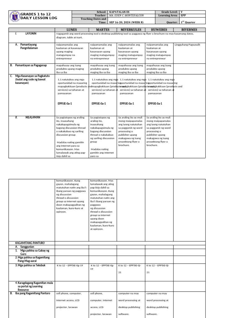 Grade 5 DLL EPP 5 Q4 Week 8 | PDF | Computer Mediated Communication | Career & Growth