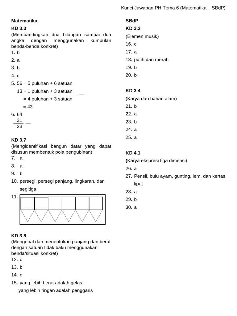 Kunci Jawaban PH Tema 6 (MTK-SBDP) | PDF