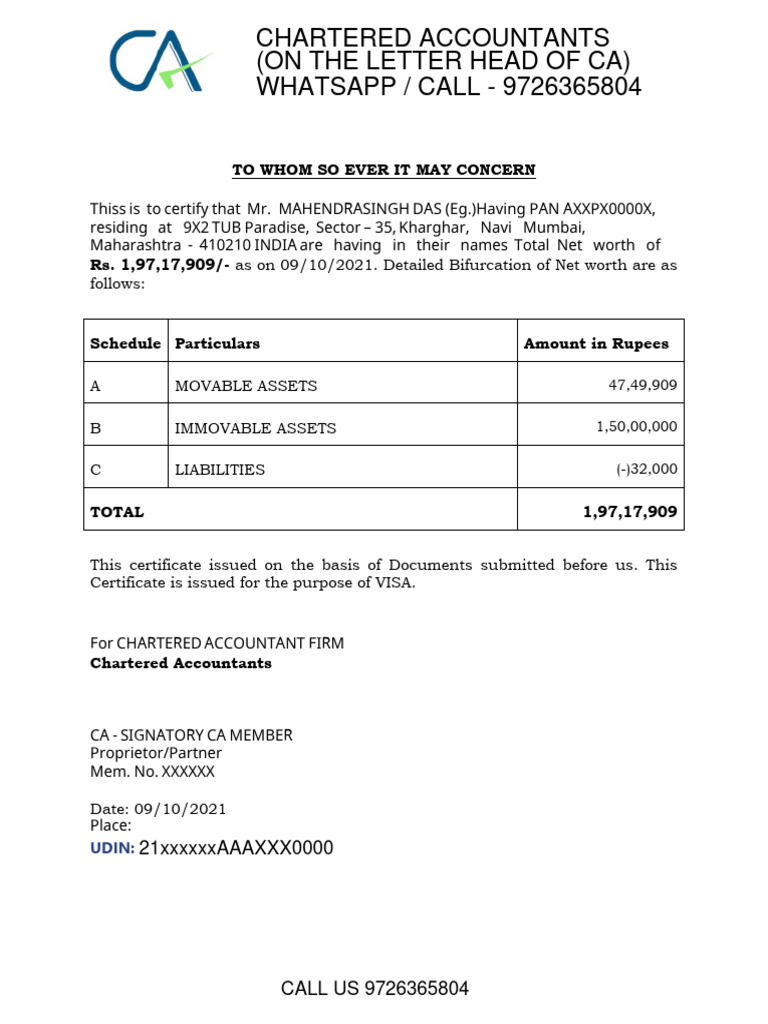 Net Worth Certificate for Visa Application | PDF | Banks | Private Sector