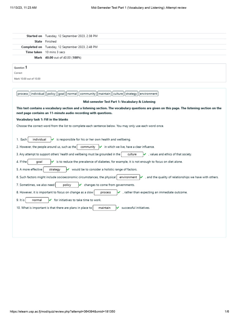 Mid-Semester Test Part 1 (Vocabulary and Listening) - Attempt Review | PDF