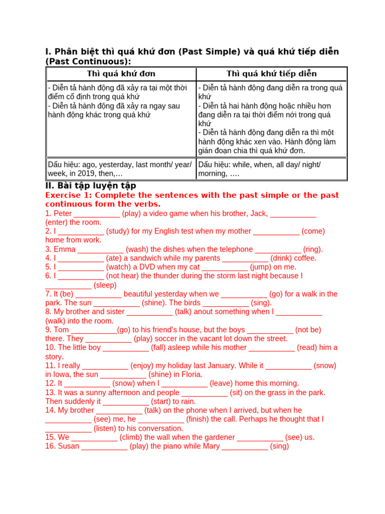 Past Simple vs. Past Continuous Exercises | PDF