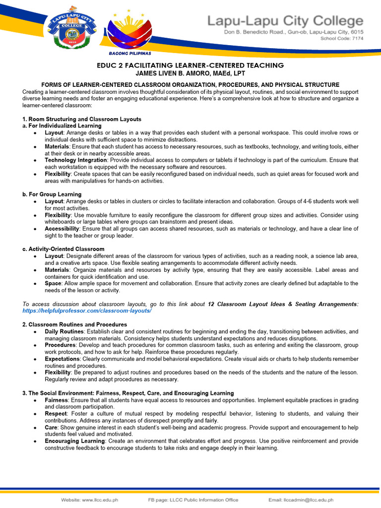 III. Forms of Learner-Centered Classroom Organization, Procedures, and ...