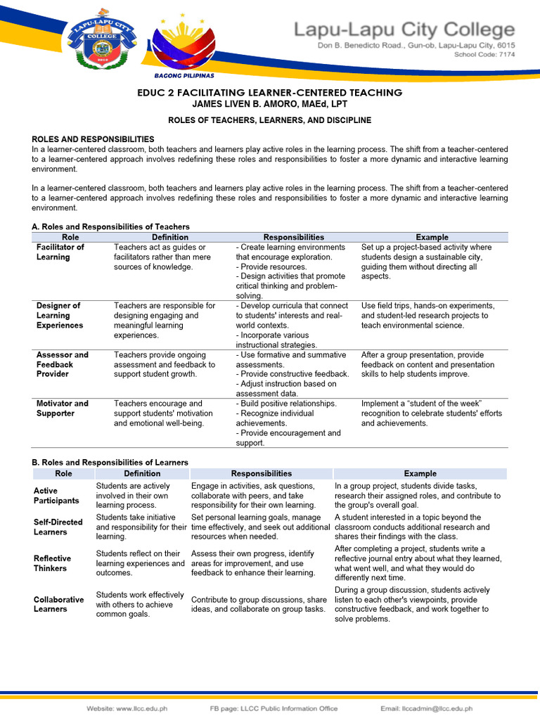 IV. Roles of Teachers Learners and Discipline | PDF