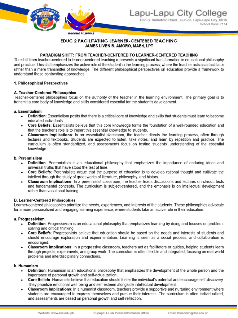 I-A. Paradigm Shift - From Teacher-Centered To Learner-Centered Teaching | PDF