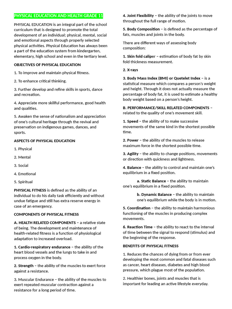 Physical Education and Health Grade 11 | PDF