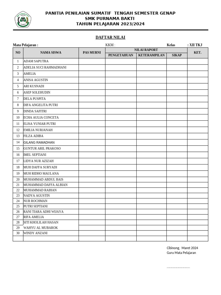 DAFTAR NILAI USBN 2324 Produktif TBSM | PDF