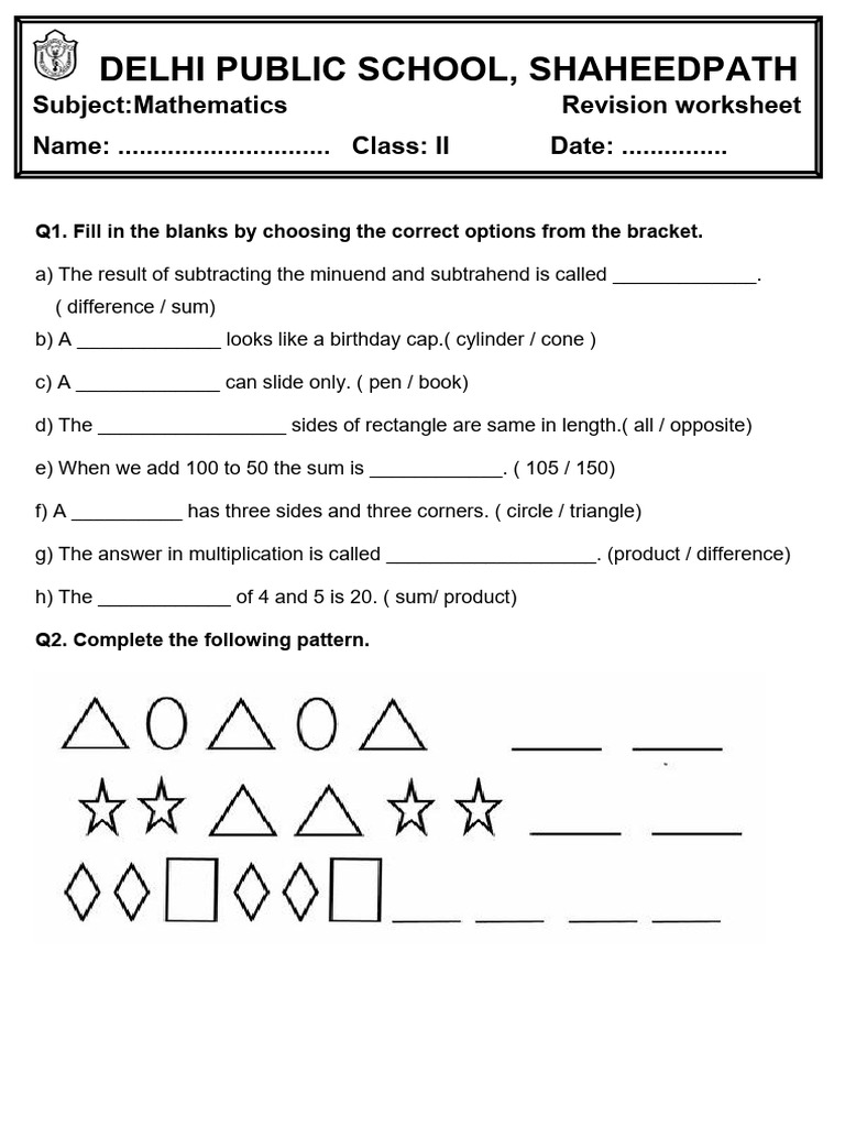 Class 2 Math, Halfyearly Revision Worksheet | PDF