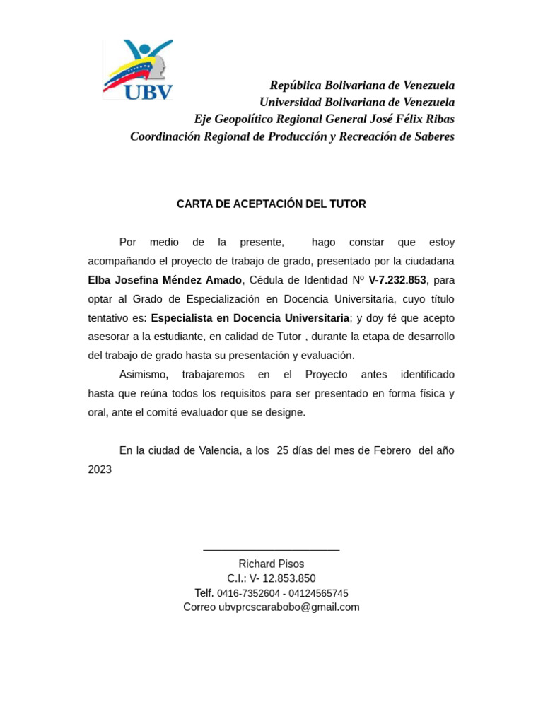 Modelo de Carta de Aceptacion de Trabajo de Grado Elba Mendez | PDF