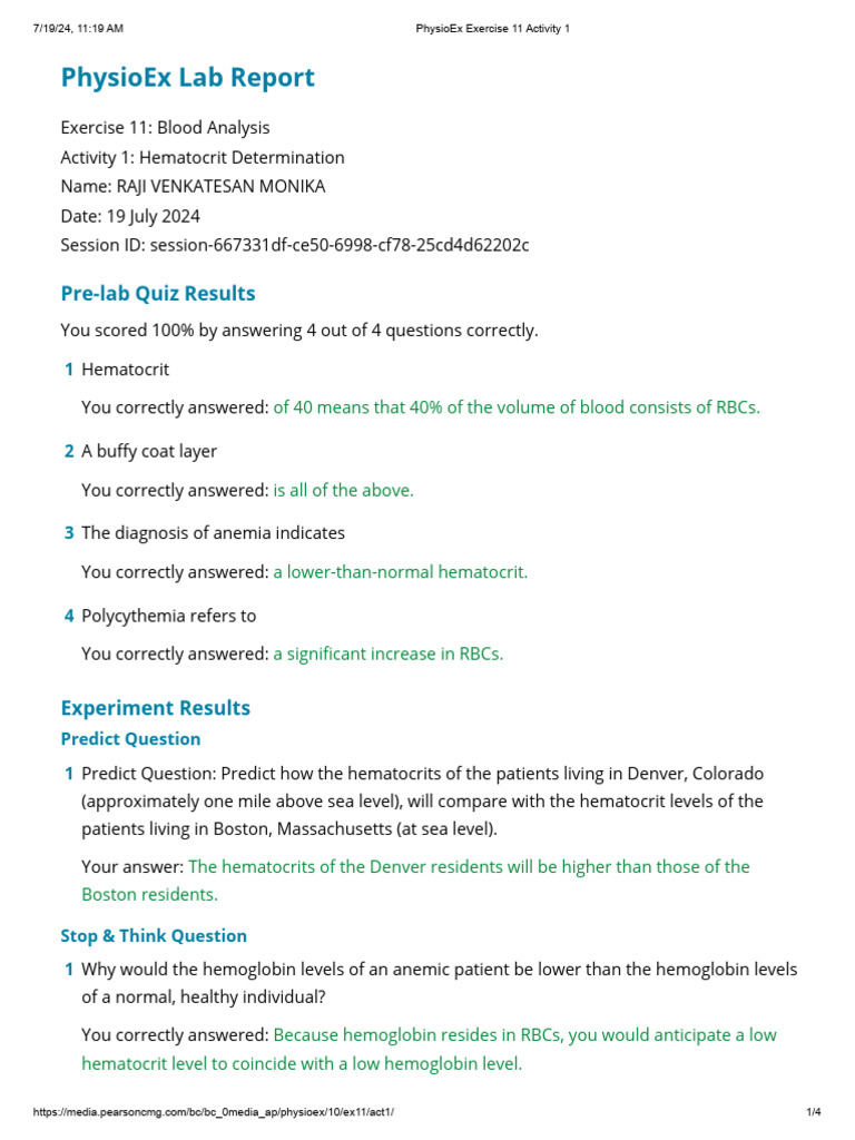 PhysioEx Exercise 11 Activity 1 | PDF