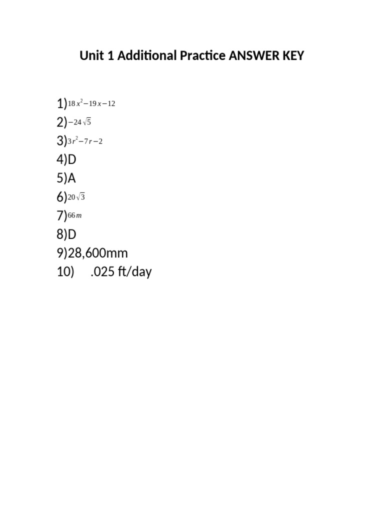 Unit 1 Additional Practice Answer Key 1qyuizm Pdf