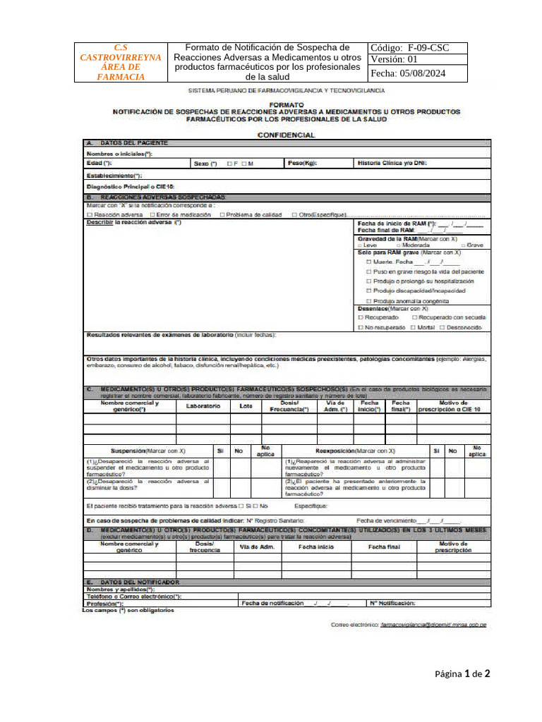 F-09 Formato de Notificación de Sospecha de Reacciones Adversas A Medicamentos U Otros Productos ...