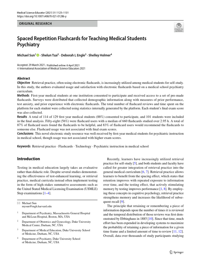 Spaced Repetition Flashcards For Teaching Medical Students Psychiatry | PDF