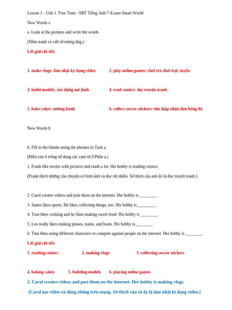 Lesson 1 - Unit 1. Free Time - SBT Tiếng Anh 7 iLearn Smart World | PDF